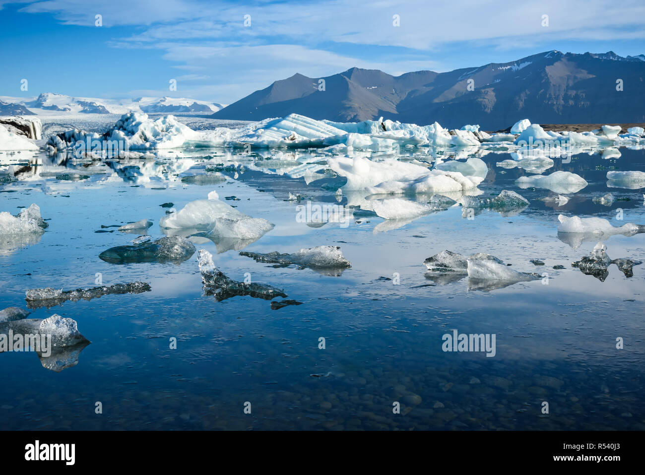 view of icebergs in glacier lagoon, Iceland, global warming concept ...