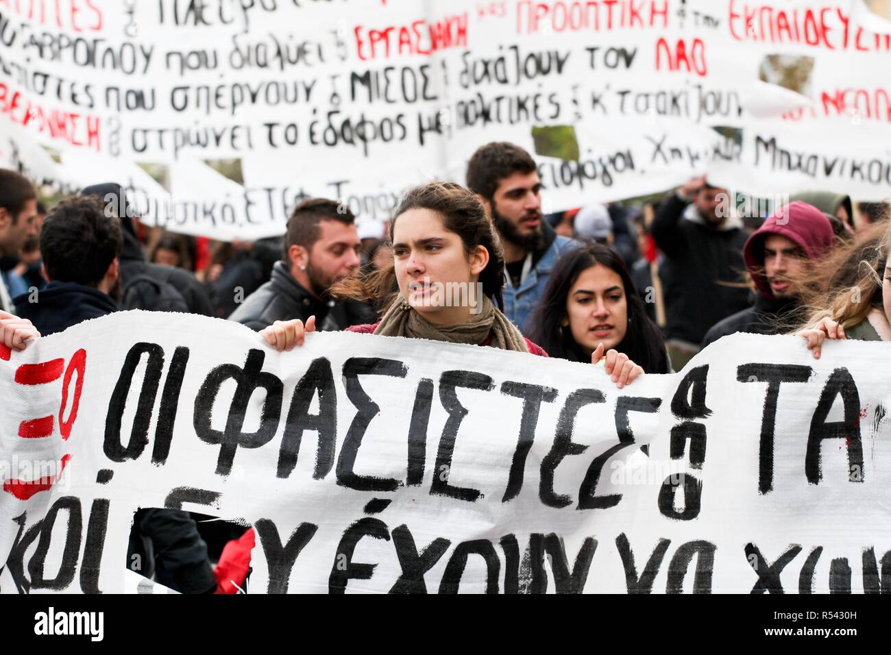 Athens, Greece. 29th Nov, 2018. High school students shout slogans ...