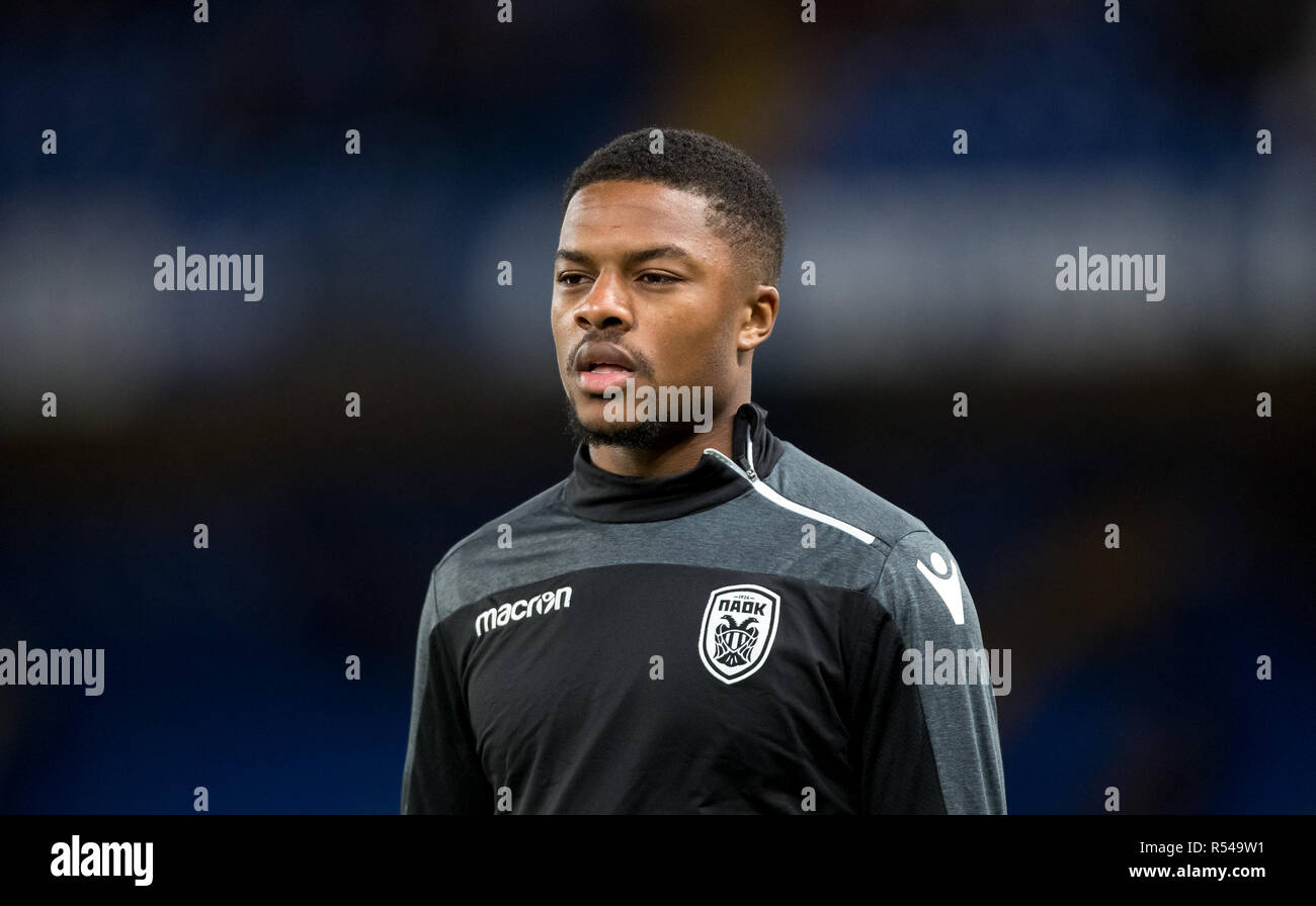 London, UK. 29th Nov, 2018. Chuba Akpom of PAOK pre match during the ...