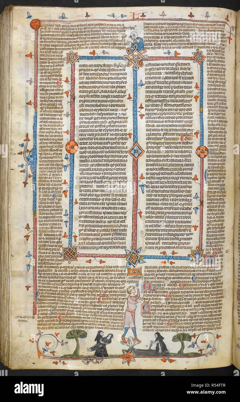 A bas-de-page scene of a monk carrying a dead nun to her tomb ...