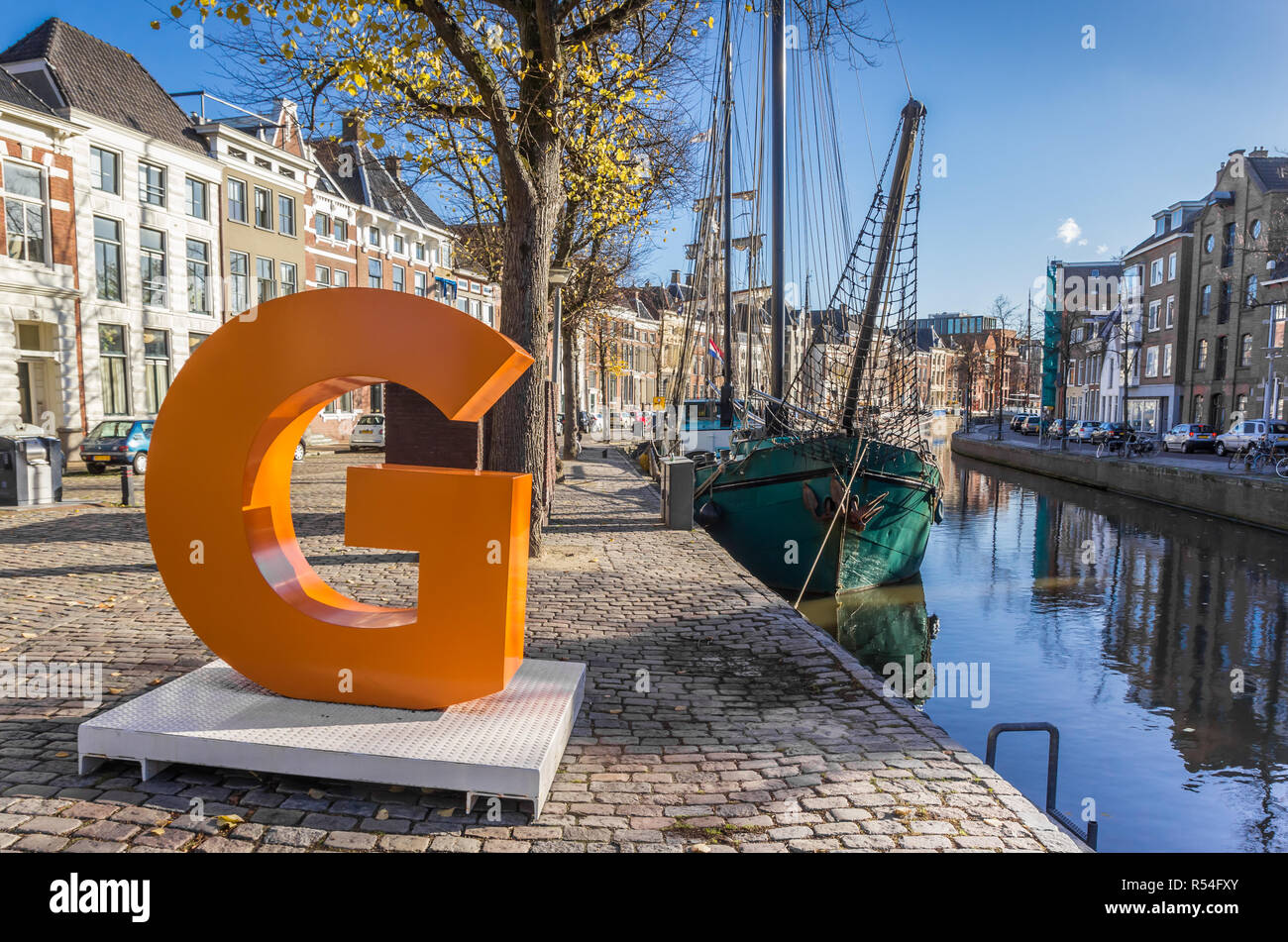 Big orange letter G in the historic center of Groningen, Netherlands ...
