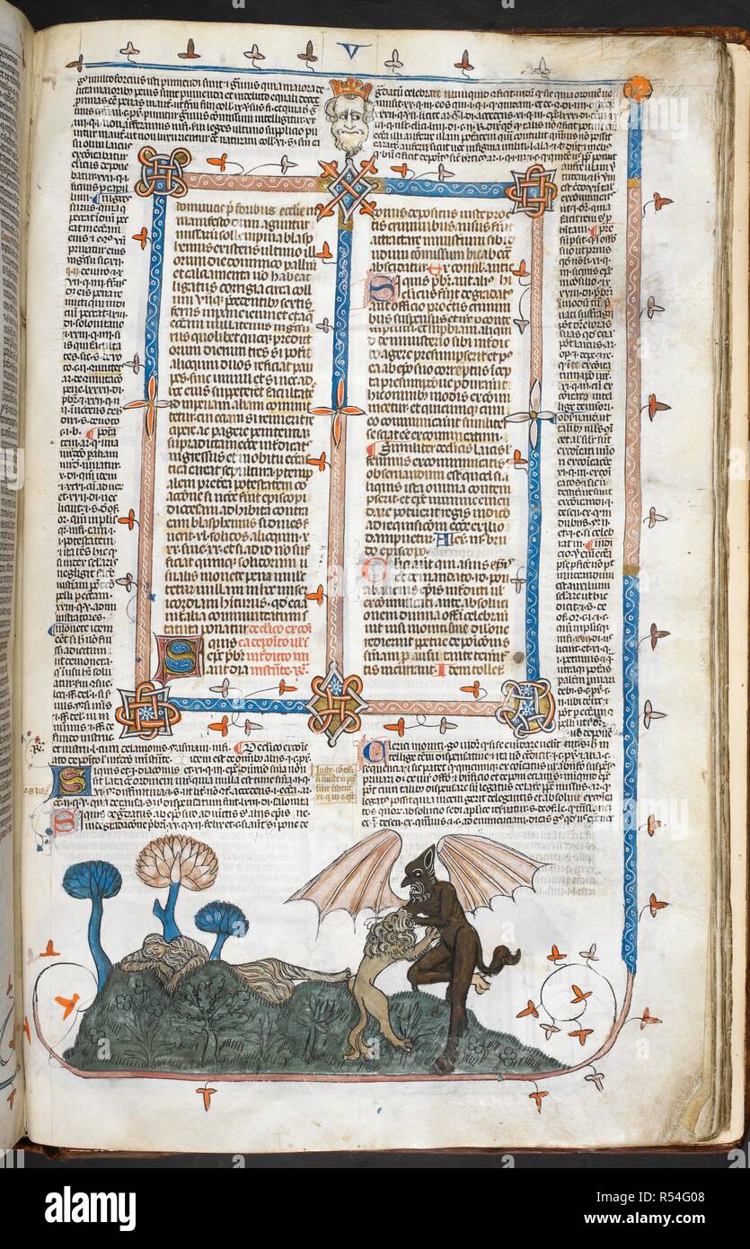 A bas-de-page scene of a lion fighting a devil to protect a sleeping ...