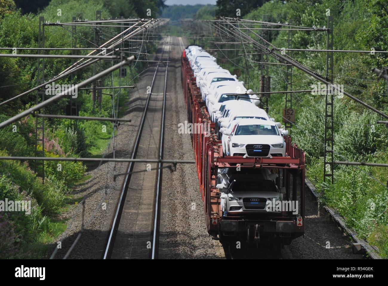 Freight train with brand new cars from Audi on 03.08.2012 near Geseke ...