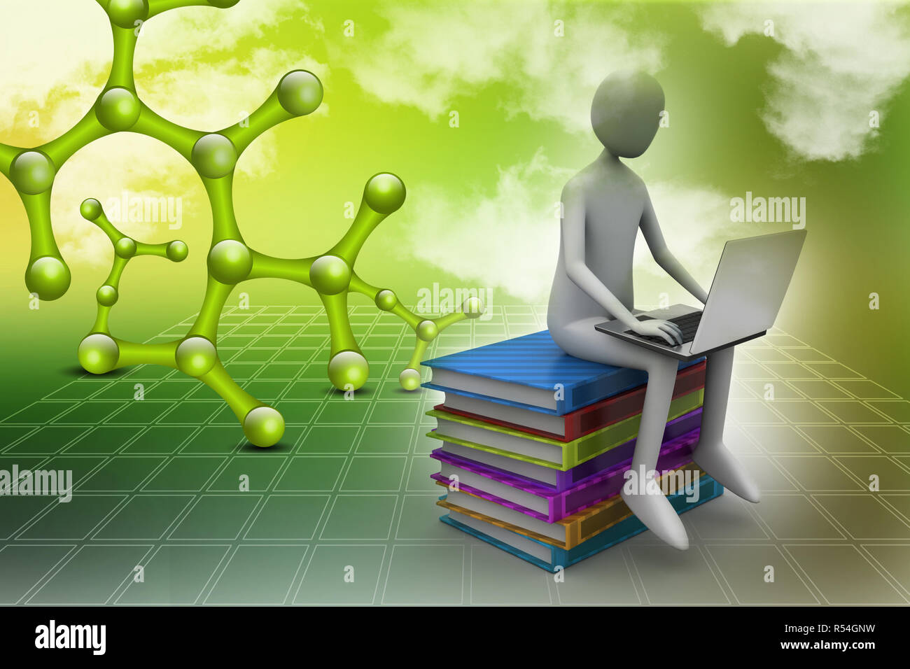 3d man sitting on books and working at his laptop Stock Photo - Alamy