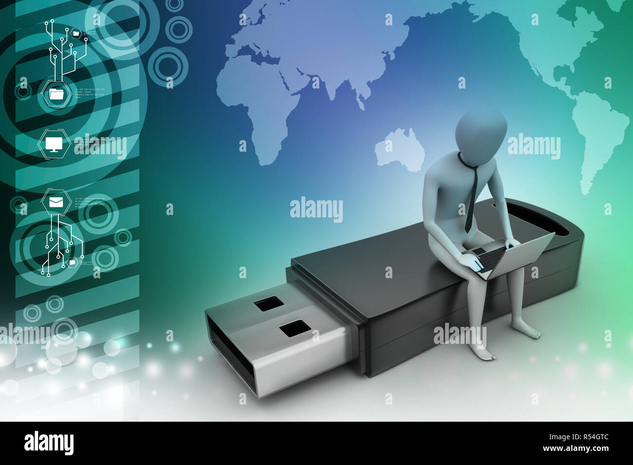 3d man and laptop sitting usb Stock Photo - Alamy