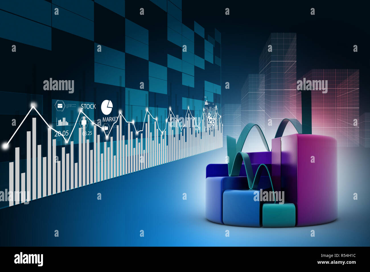 finance pie and bar chart graphs with growing arrow Stock Photo - Alamy