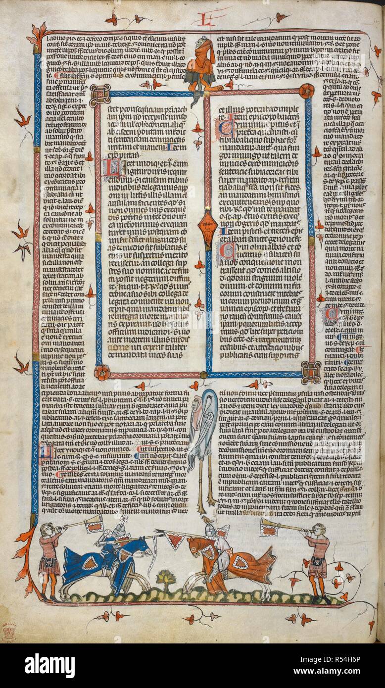 Scene at the bottom of the folio is of knights jousting and trumpeters ...