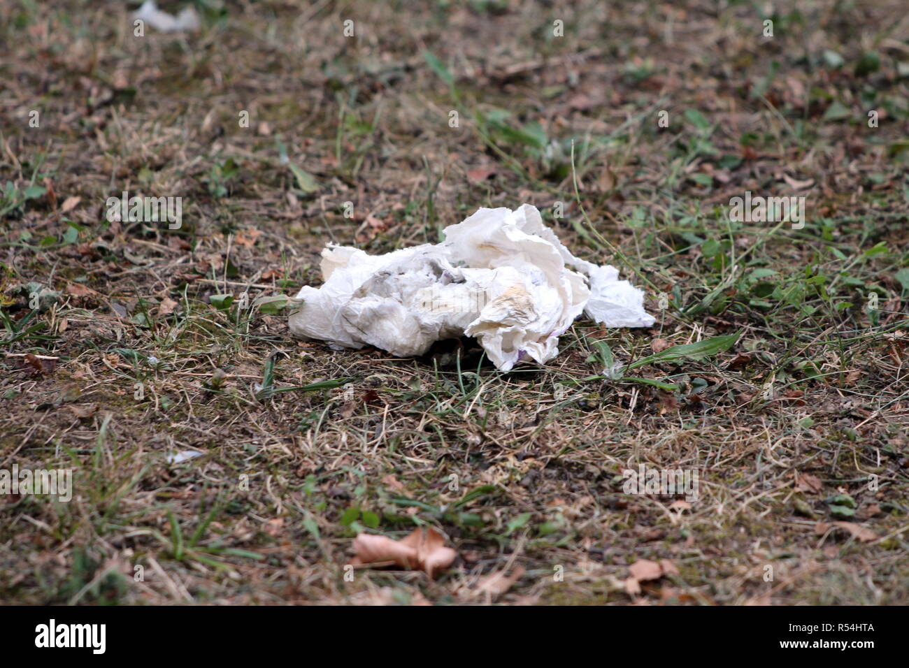 Wrinkled white paper tissue discarded in nature as garbage surrounded ...