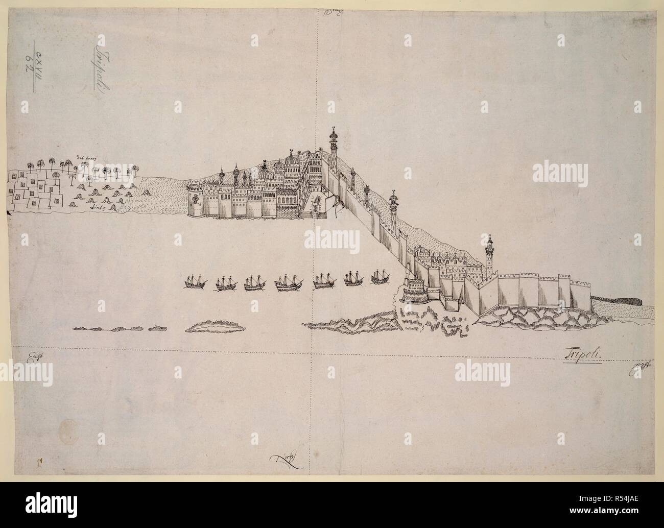 An outline drawing of the town and harbour at Tripoli; boats on the ...