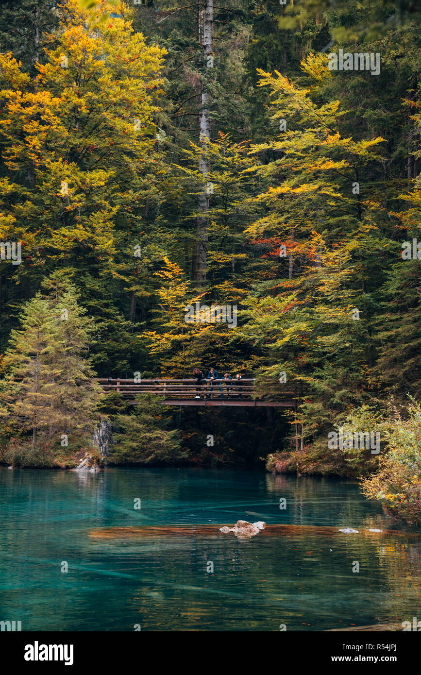 Autumn time at romantic forest lake Blausee, one of the best known ...