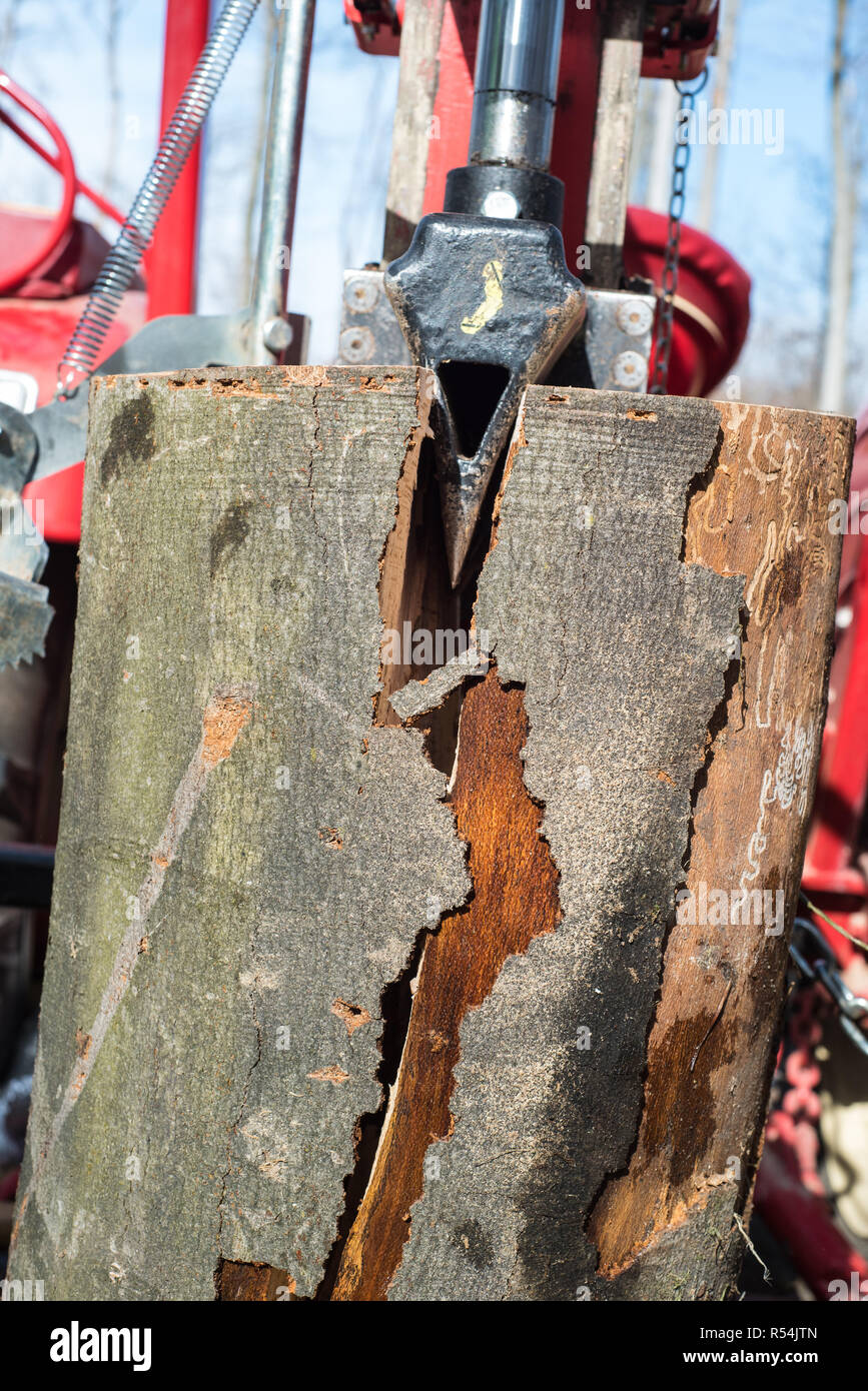 hydraulic log splitter with tree trunk Stock Photo - Alamy