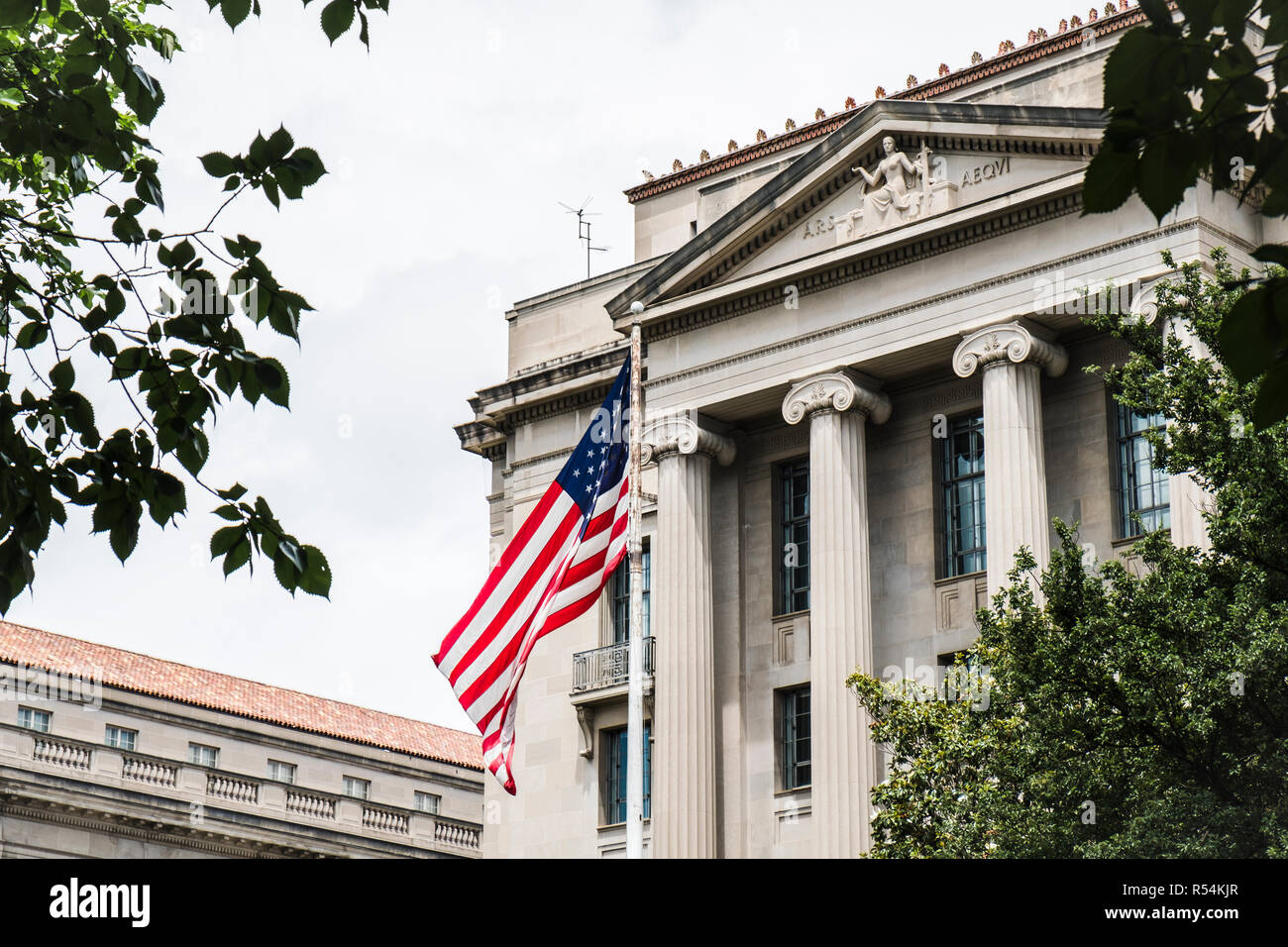 Washington DC, exterior view of a neoclassical government building with ...