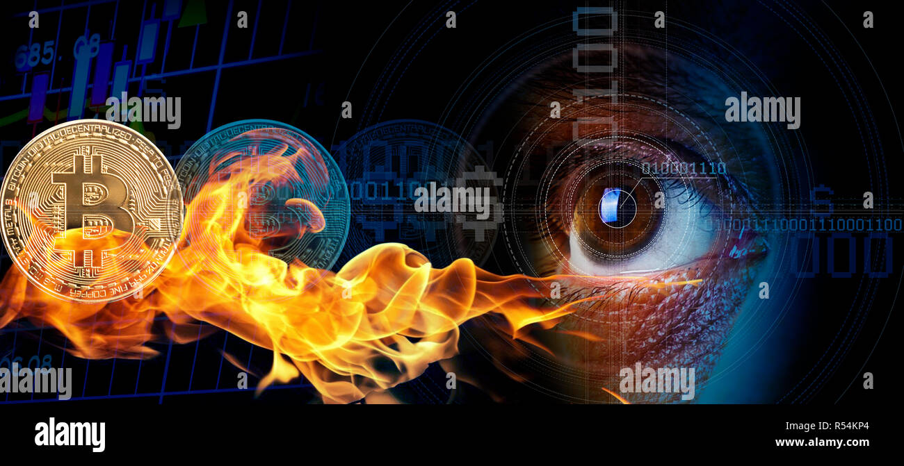 Eye man watching. Digital image of financial risk. Business gold coin ...