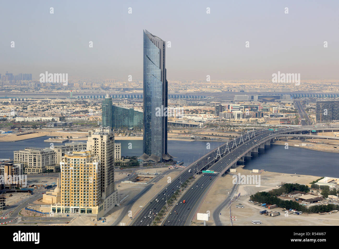 dubai d1 tower business bay bridge aerial view aerial view Stock Photo ...