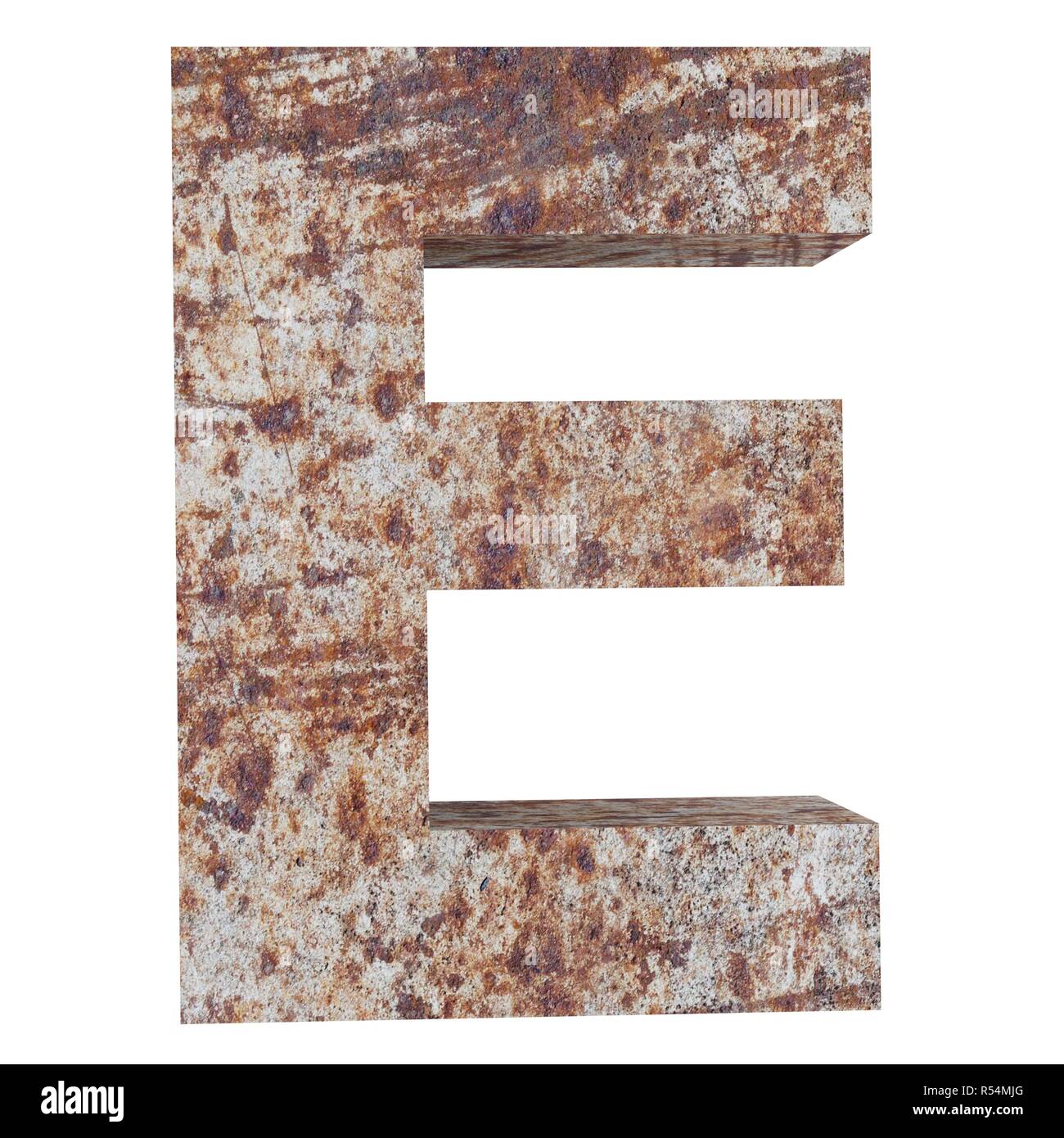 Conceptual old rusted meta capital letter -E, iron or steel industry ...