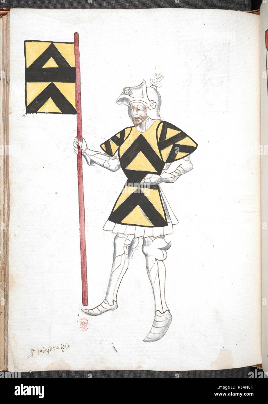 Knight, in armour and tabard, holding a sword and a standard with ...