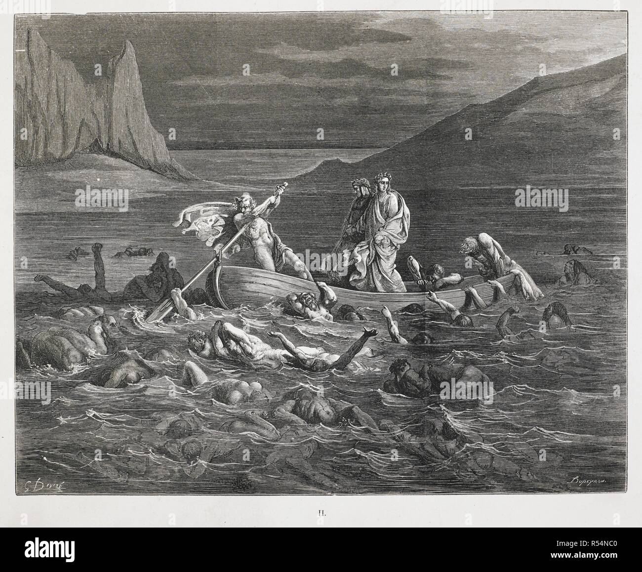 Dante and Virgil are rowed in the ferry across the River Styx, in the ...