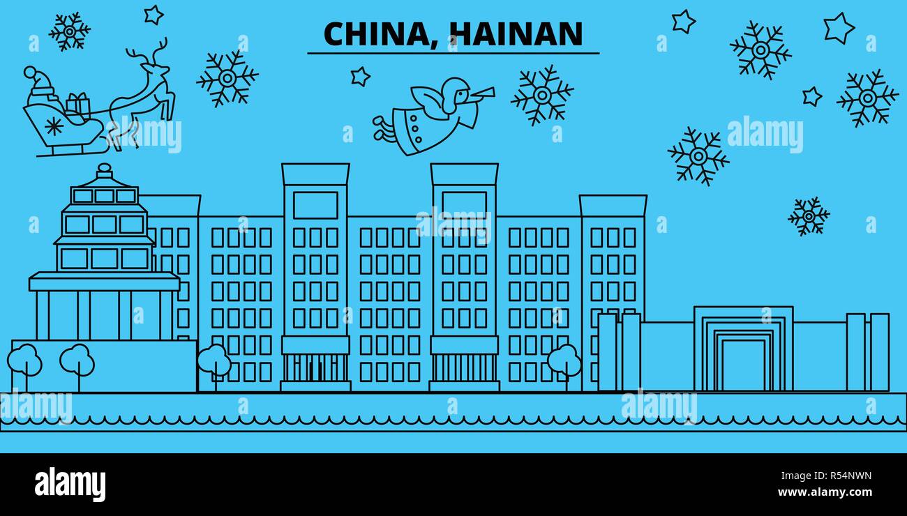 China, Hainan winter holidays skyline. Merry Christmas, Happy New Year ...