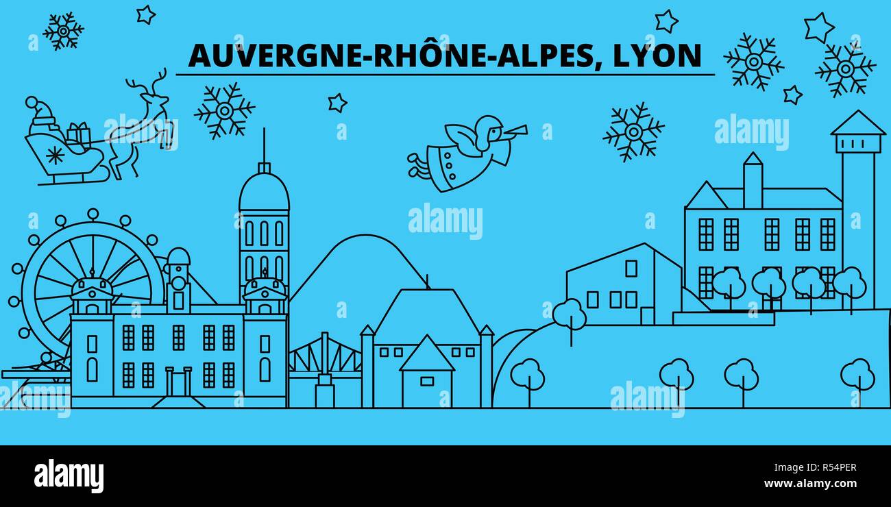 France, Lyon winter holidays skyline. Merry Christmas, Happy New Year ...