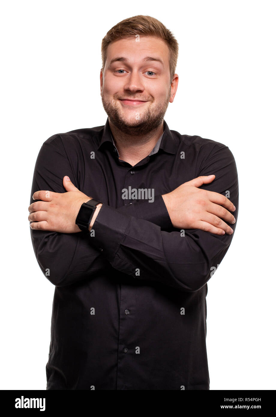 Guy on a white background freezes hugging myself. Body language Stock ...