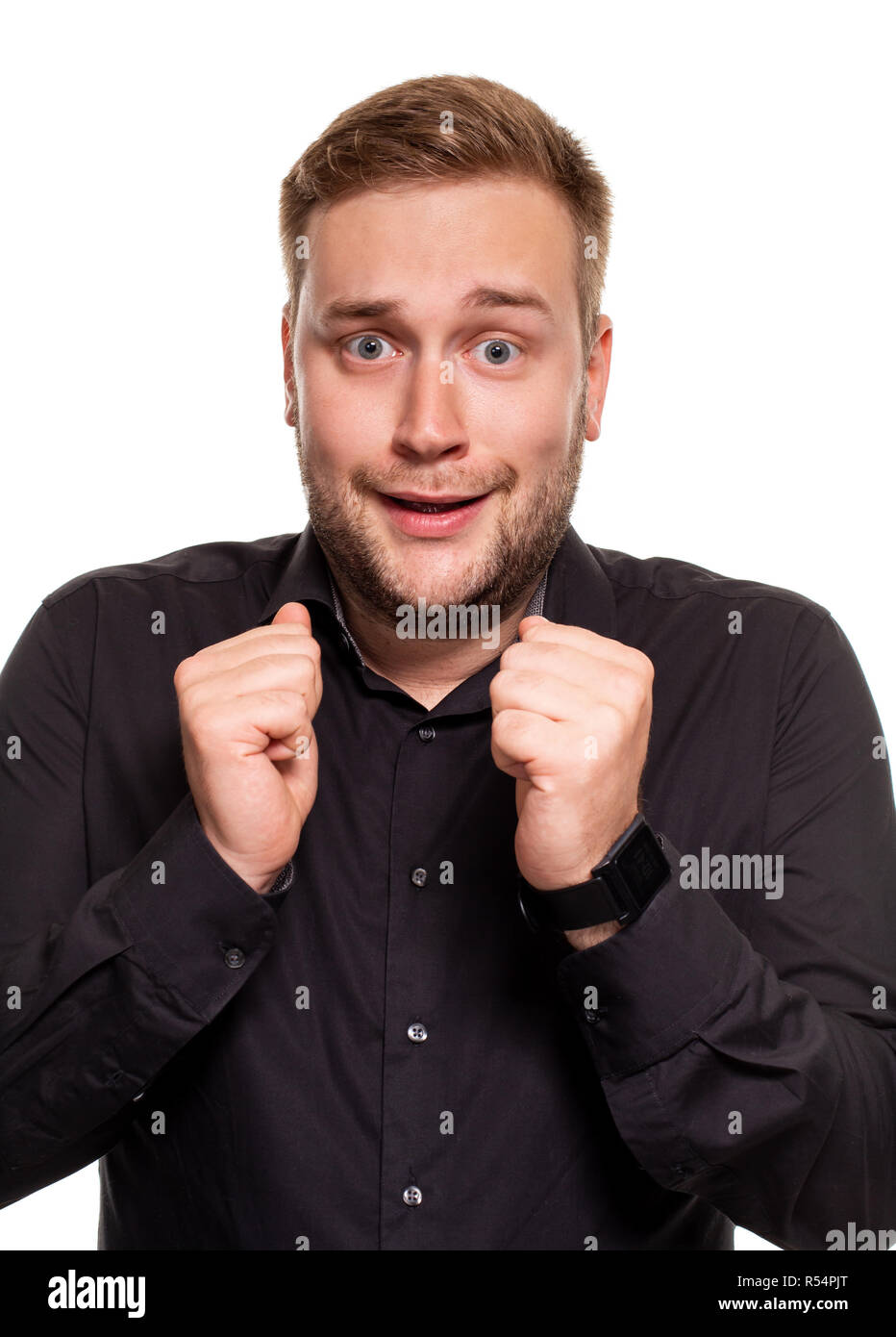 Emotion, advertisement and people concept - surprised man in black ...