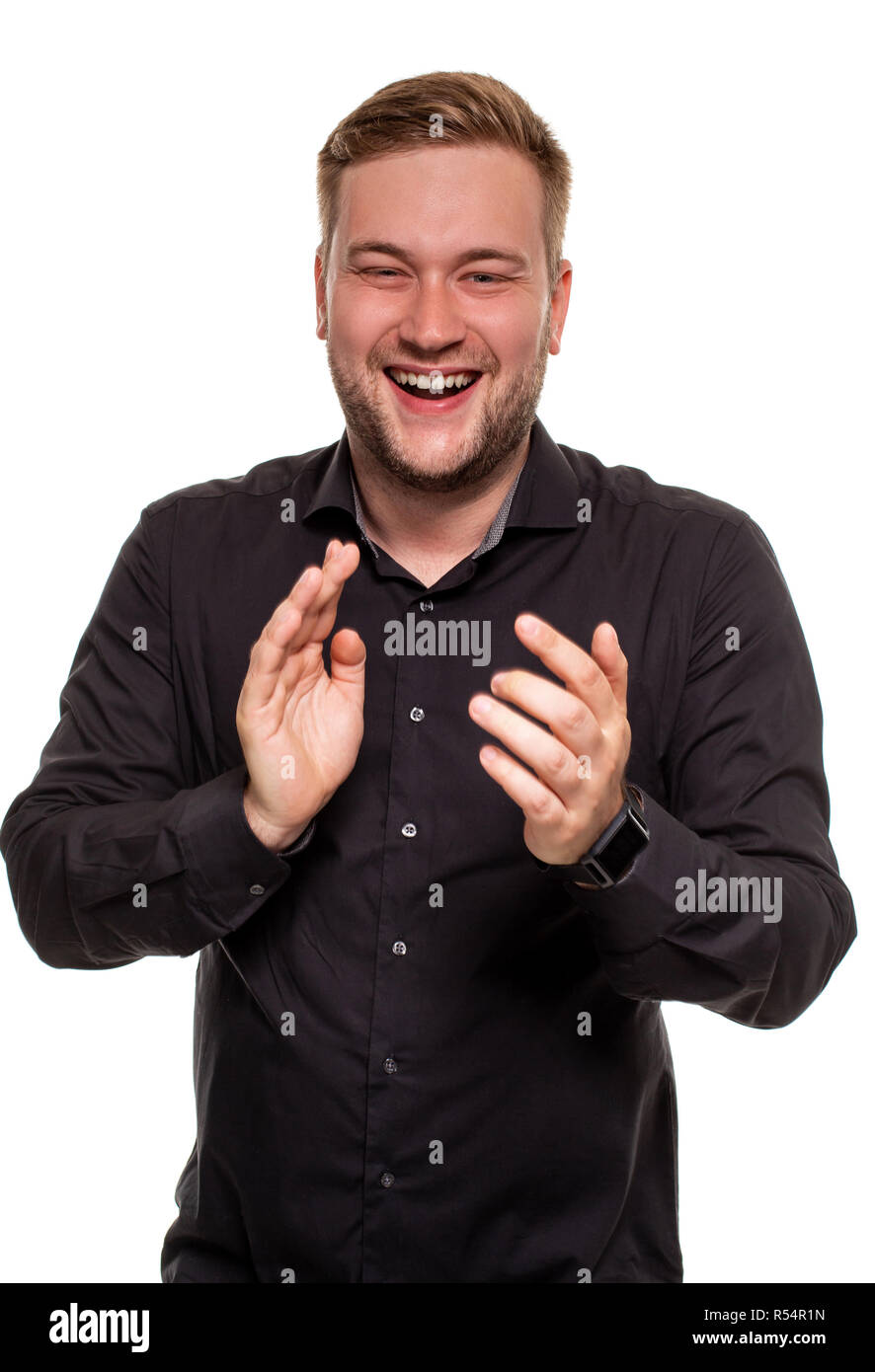 Thrilled excited and over-emotive attractive happy guy smiling broadly ...