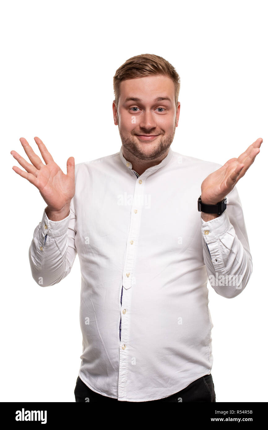 Thrilled excited and over-emotive attractive happy guy smiling broadly ...