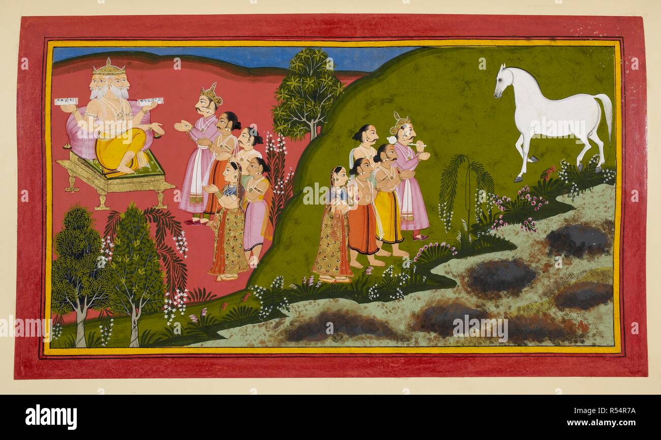 Brahma is asked for help. Ramayana, Bala Kanda. Udaipur, 1712. In the ...