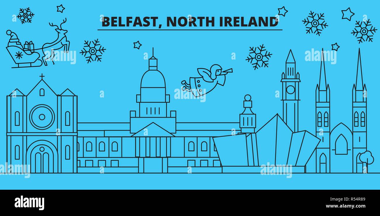 Great Britain, Belfast winter holidays skyline. Merry Christmas, Happy ...