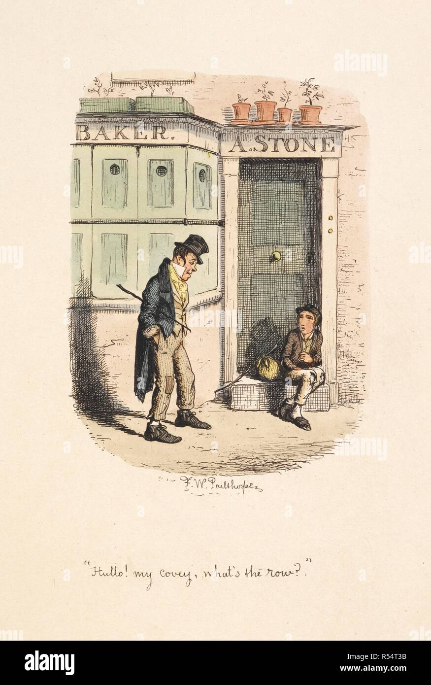 "Hullo! my covey, what's the row?" A boy, dressed as an adult, notices ...