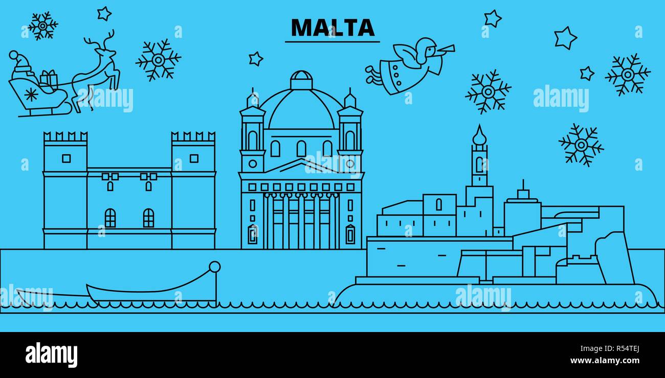 Malta winter holidays skyline. Merry Christmas, Happy New Year ...
