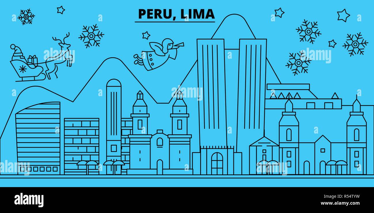 Peru winter holidays skyline. Merry Christmas, Happy New Year decorated ...