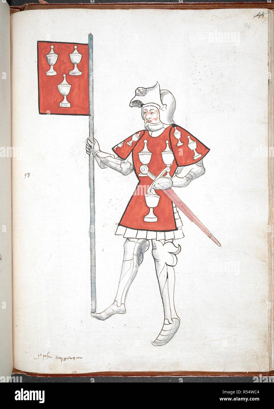 Knight, in armour and tabard, holding a sword and a standard with ...