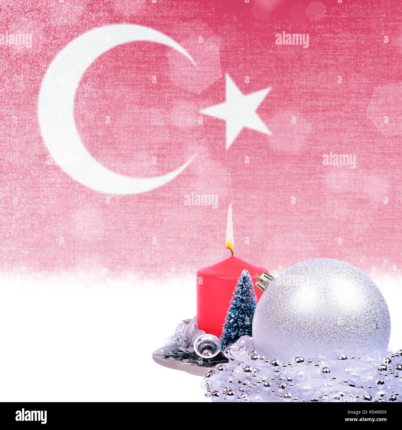 Christmas card with red candle, silver ball, fir-tree over grunge ...