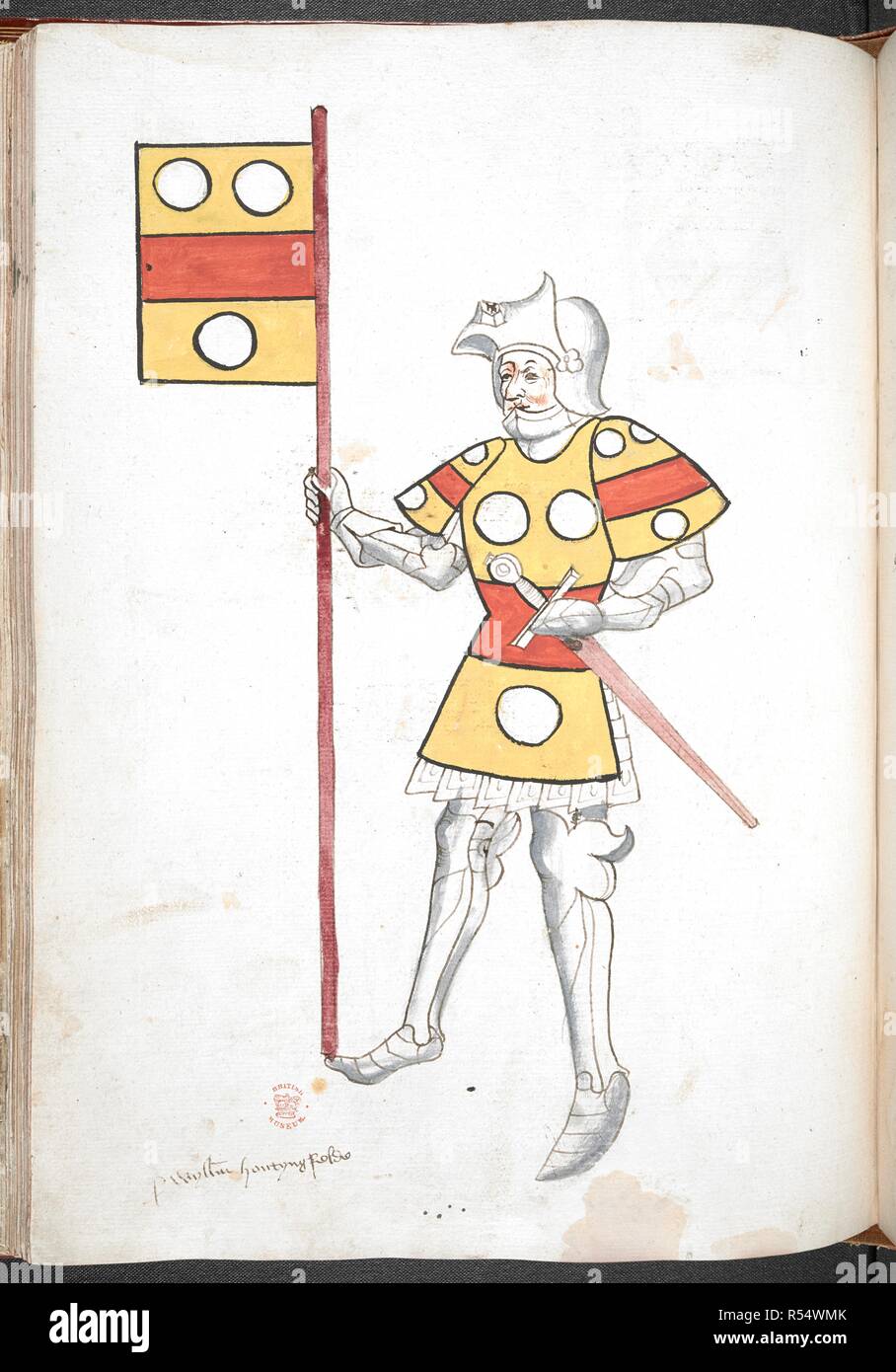 Knight, in armour and tabard, holding a sword and a standard with ...