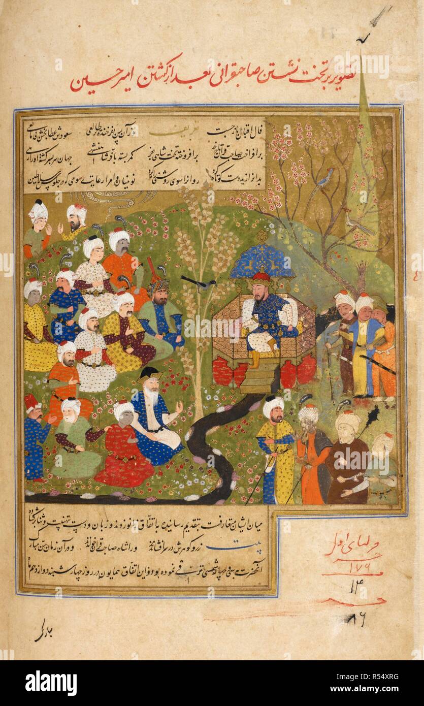 Timur enthroned. Zafarnama. 1533. Timur enthroned after killing Amir ...