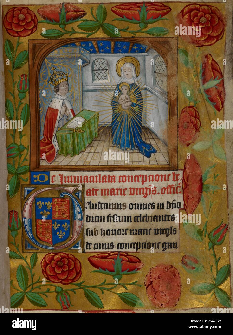 Henry VII crowned, kneeling at a desk, on which his sceptre is laid.The ...