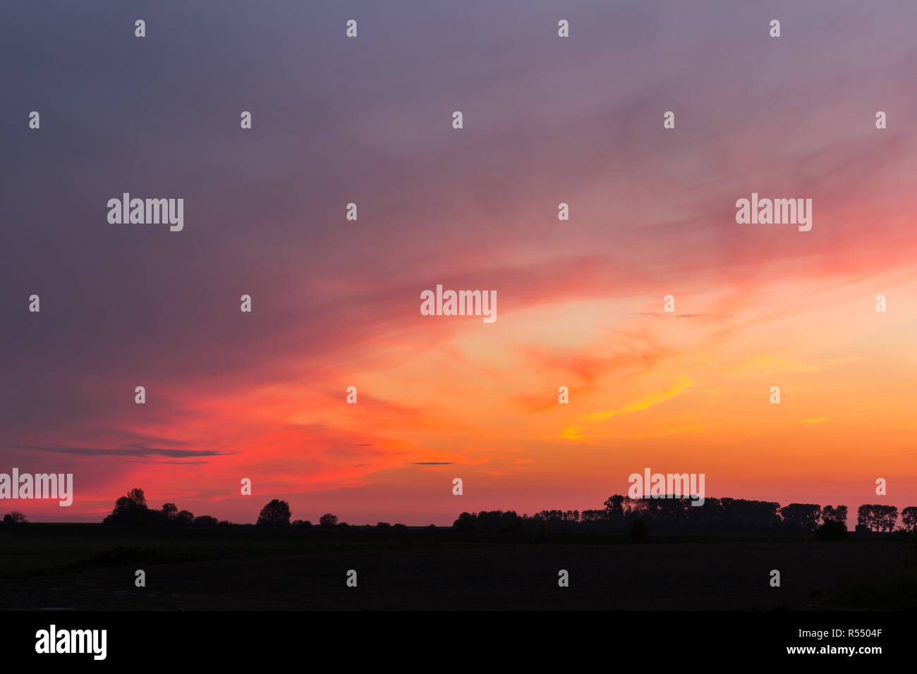 Natural Sunset Sunrise Over Field Or Meadow. Bright Dramatic Sky And ...