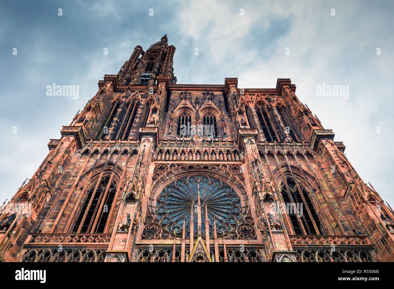 Huge tower and elegant exterior architecture of Notre dam of Strasbourg ...