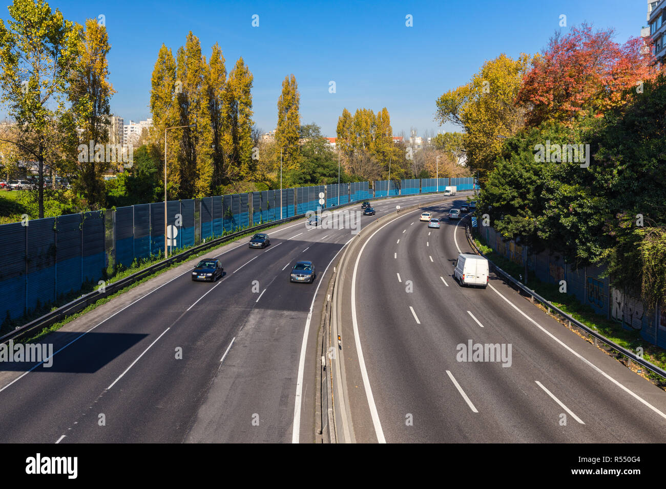 Aerial view of highway with multiple lanes and cars. Cars on highway ...