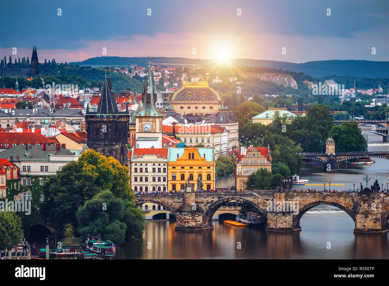 Famous iconic image of Charles bridge, Prague, Czech Republic. Concept ...