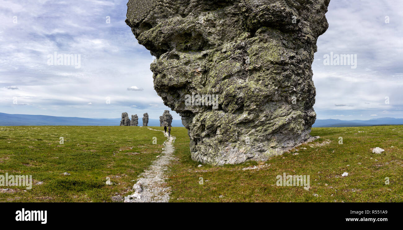 View of the stone idols on the Manpupuner Plateau. Panorama with a ...
