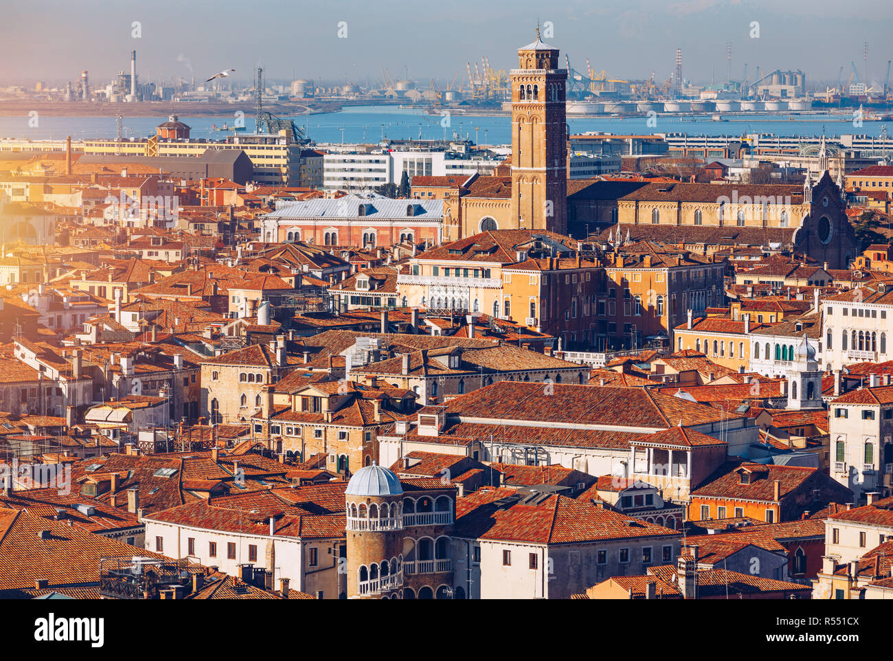 Venice panoramic aerial view with red roofs, Veneto, Italy. Aerial view ...