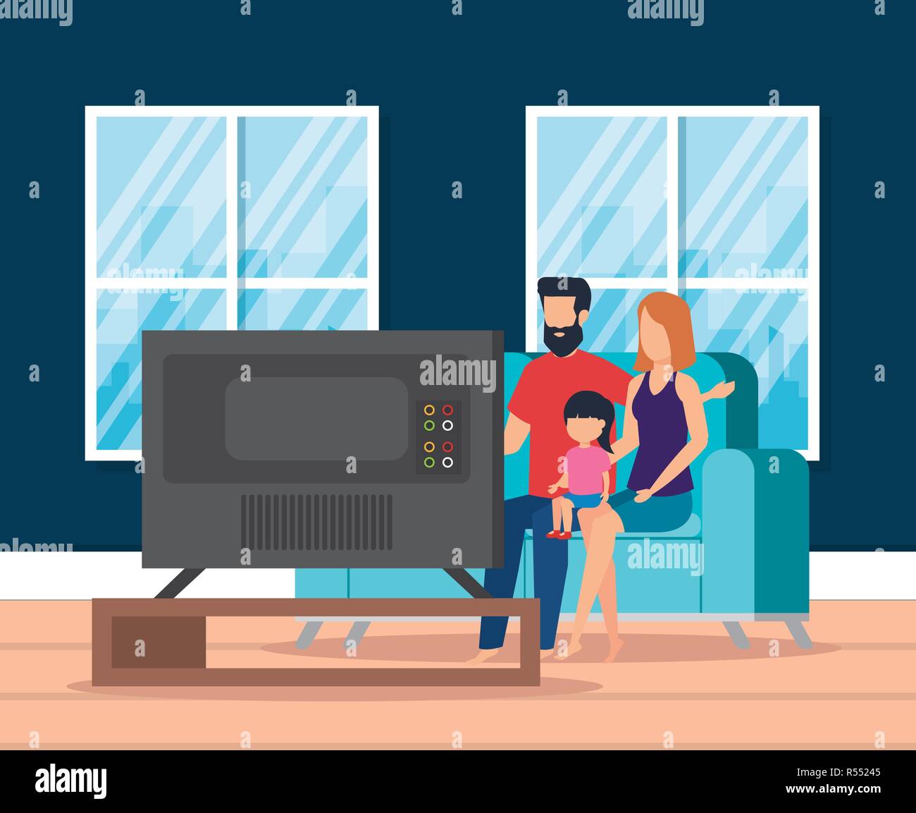 parents couple with daughter waching tv vector illustration design ...