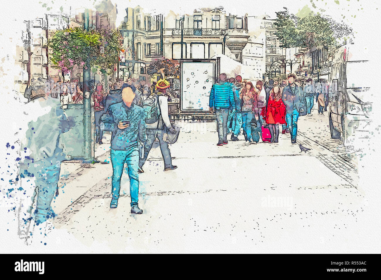 A watercolor sketch or an illustration. There are a lot of people in ...