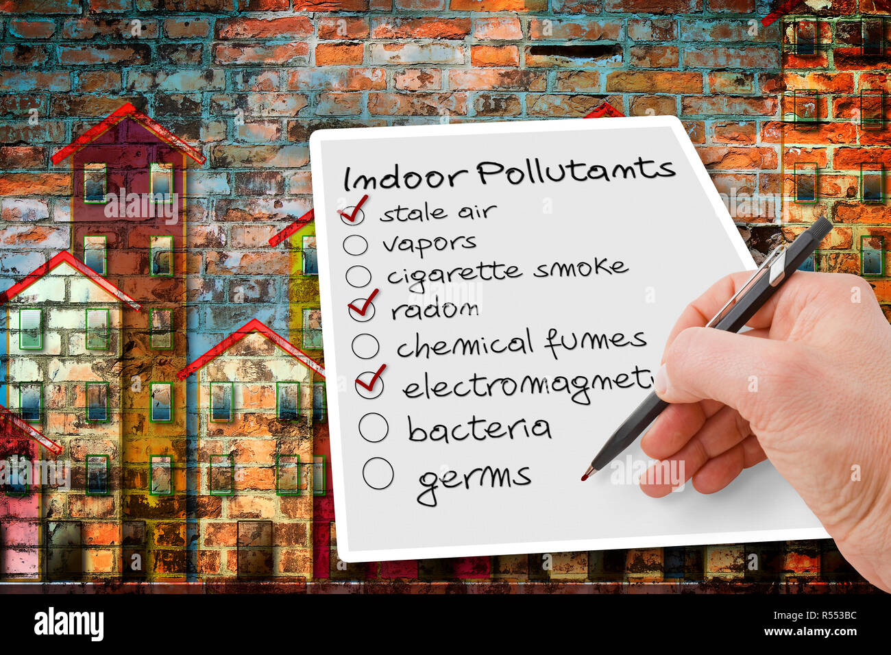 Hand write a check list of indoor air pollutants against a buildings ...