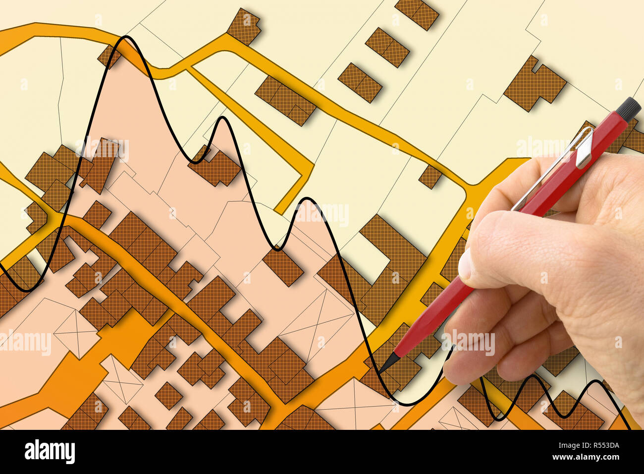 Imaginary cadastral map of territory with buildings, roads and hand ...