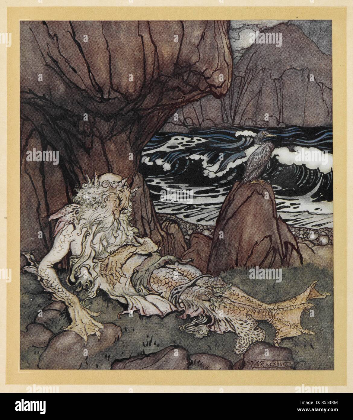 An old Merman sitting beneath a rock next to the sea. Hawthorne's ...