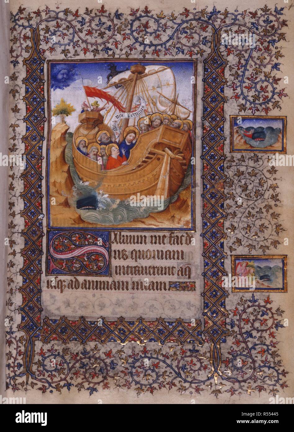 Christ and the apostles in a ship on a stormy sea, with two smaller ...