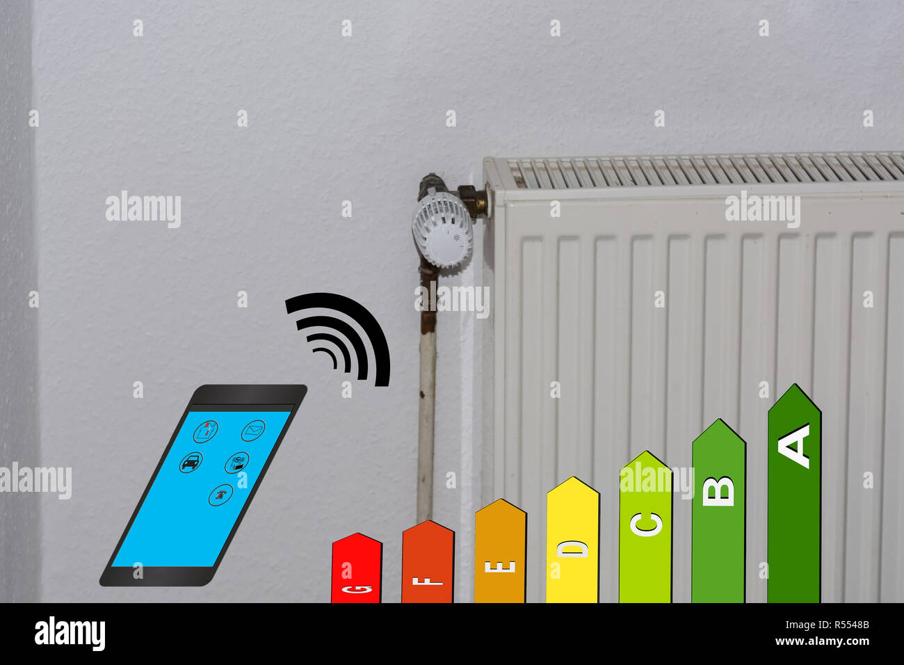 energy efficiency class symbol,radiator and smartphone Stock Photo - Alamy
